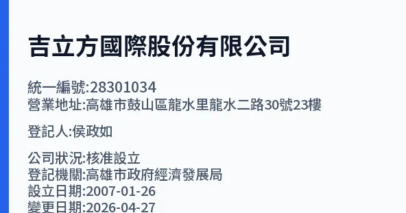 吉立方國際股份有限公司的照片-統編 28301034(高雄市) 公司登記資料與營業項目詳細圖表