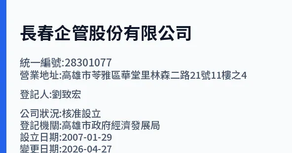 長春企管股份有限公司的照片-統編 28301077(高雄市) 公司登記資料與營業項目詳細圖表