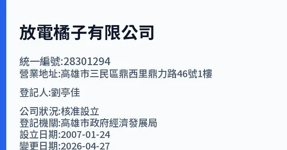 放電橘子有限公司的照片-統編 28301294(高雄市) 公司登記資料與營業項目詳細圖表