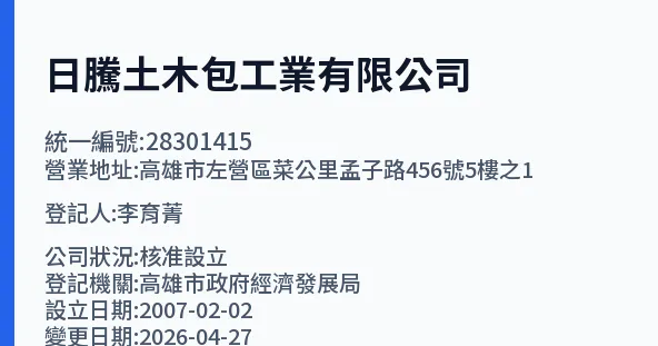 日騰土木包工業有限公司的照片-統編 28301415(高雄市) 公司登記資料與營業項目詳細圖表