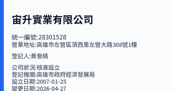 宙升實業有限公司的照片-統編 28301528(高雄市) 公司登記資料與營業項目詳細圖表