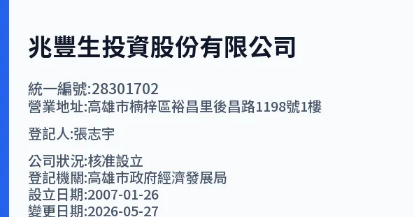 兆豐生投資股份有限公司的照片-統編 28301702(高雄市) 公司登記資料與營業項目詳細圖表