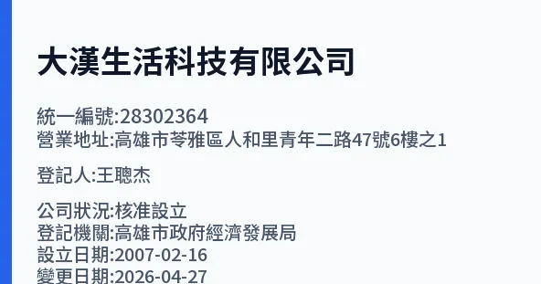 大漢生活科技有限公司的照片-統編 28302364(高雄市) 公司登記資料與營業項目詳細圖表