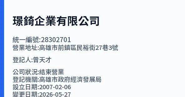 璟錡企業有限公司的照片-統編 28302701(高雄市) 公司登記資料與營業項目詳細圖表