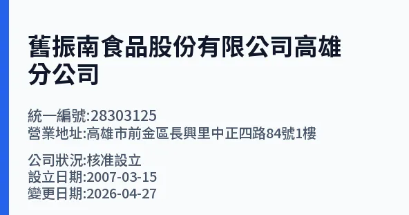 舊振南食品股份有限公司高雄分公司的照片-統編 28303125(高雄市) 公司登記資料與營業項目詳細圖表