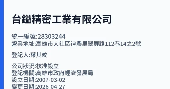 台鎰精密工業有限公司的照片-統編 28303244(高雄市) 公司登記資料與營業項目詳細圖表