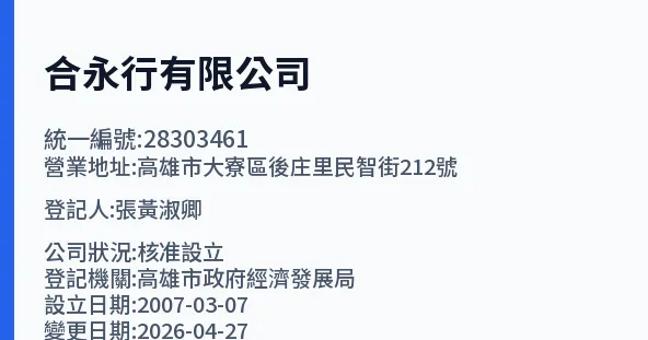 合永行有限公司的照片-統編 28303461(高雄市) 公司登記資料與營業項目詳細圖表