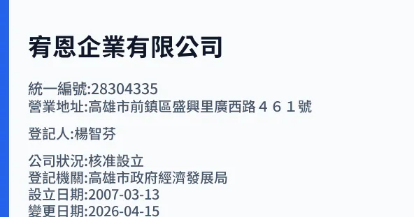 宥恩企業有限公司的照片-統編 28304335(高雄市) 公司登記資料與營業項目詳細圖表