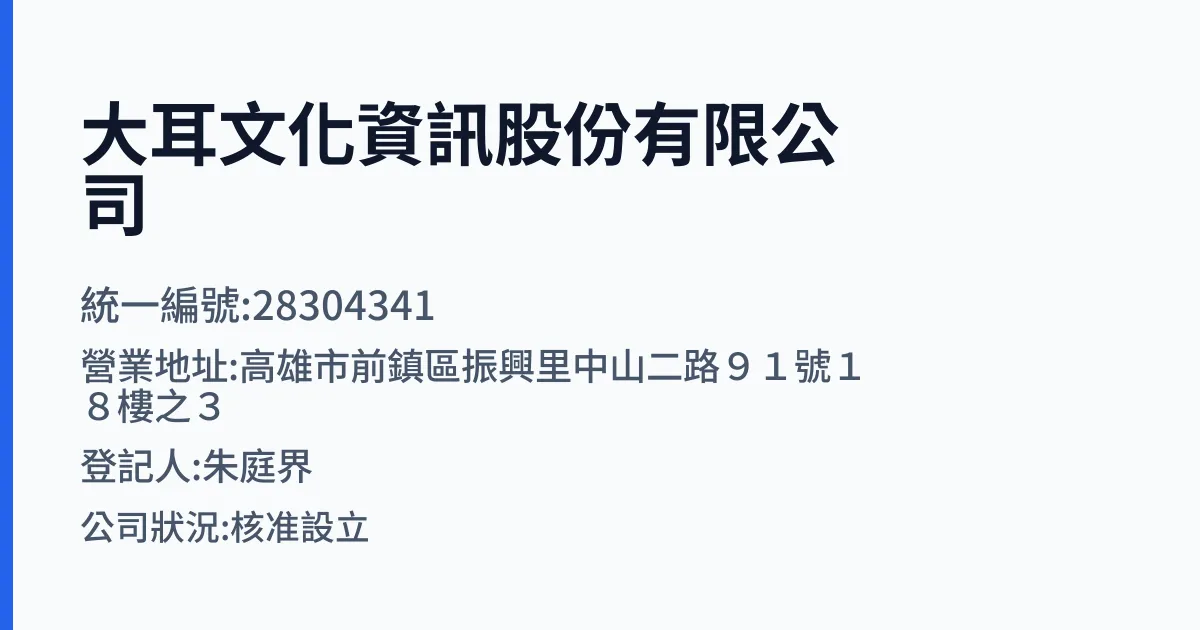 大耳文化資訊股份有限公司 - 統編 28304341(高雄市) 公司登記資料與營業項目詳細圖表