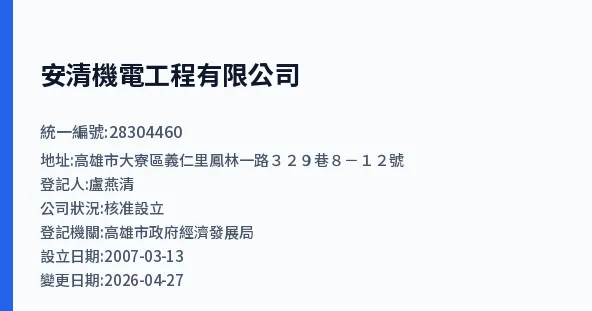 安清機電工程有限公司的照片-統編 28304460(高雄市) 公司登記資料與營業項目詳細圖表