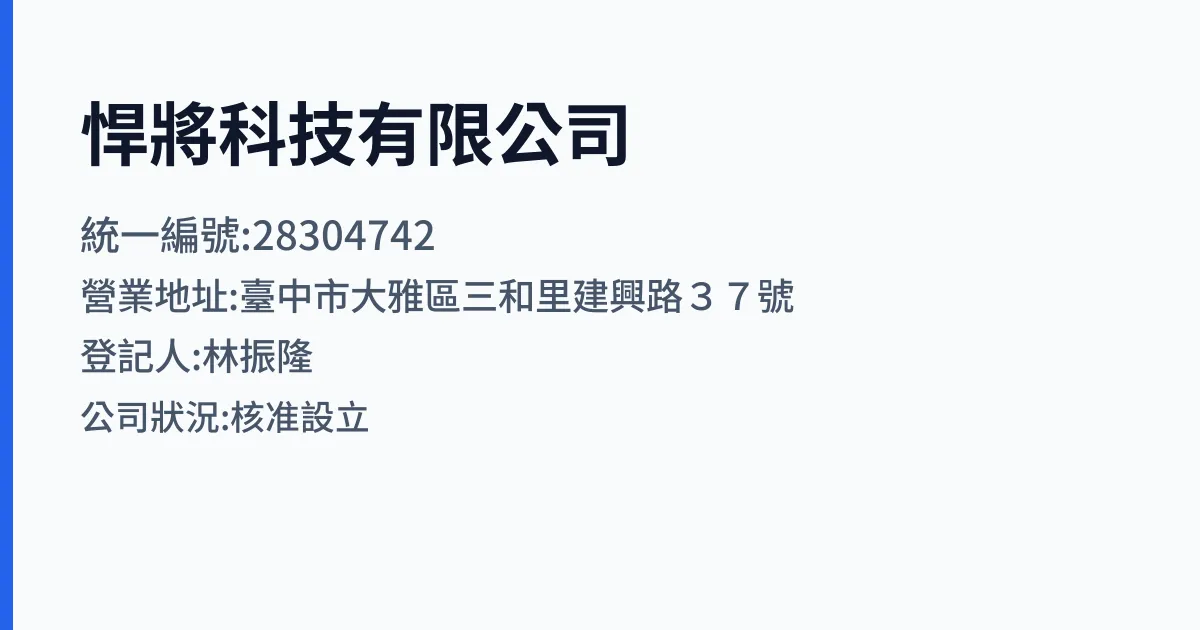 悍將科技有限公司 - 統編 28304742(臺中市) 公司登記資料與營業項目詳細圖表