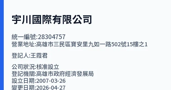 宇川國際有限公司的照片-統編 28304757(高雄市) 公司登記資料與營業項目詳細圖表