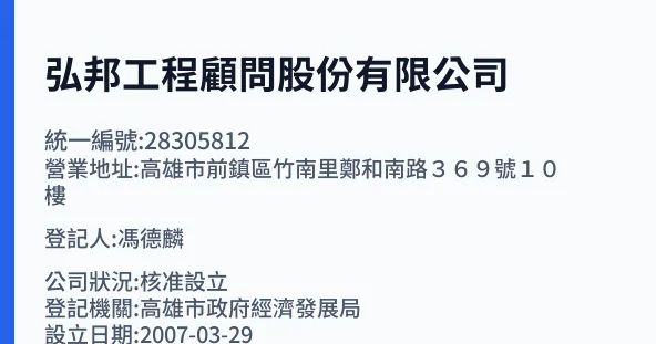 弘邦工程顧問股份有限公司的照片-統編 28305812(高雄市) 公司登記資料與營業項目詳細圖表