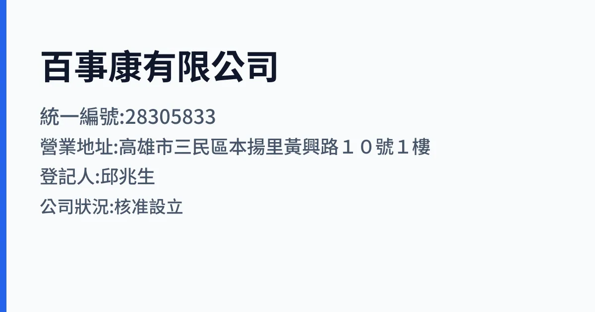 百事康有限公司 - 統編 28305833(高雄市) 公司登記資料與營業項目詳細圖表