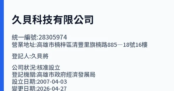 久貝科技有限公司的照片-統編 28305974(高雄市) 公司登記資料與營業項目詳細圖表