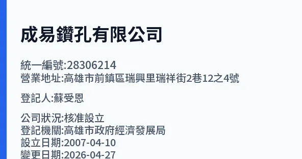 成易鑽孔有限公司的照片-統編 28306214(高雄市) 公司登記資料與營業項目詳細圖表