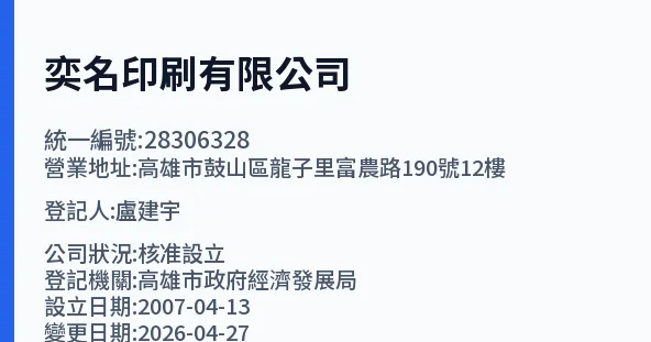 奕名印刷有限公司的照片-統編 28306328(高雄市) 公司登記資料與營業項目詳細圖表