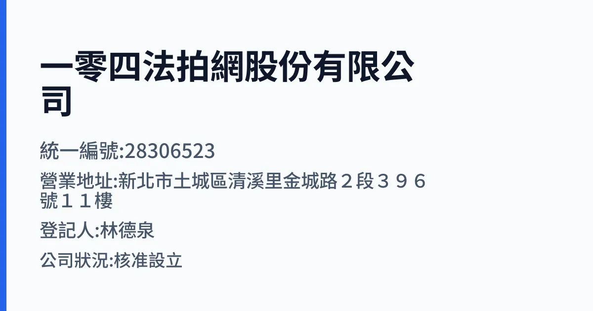一零四法拍網股份有限公司 - 統編 28306523(新北市) 公司登記資料與營業項目詳細圖表