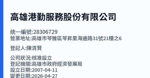 高雄港勤服務股份有限公司的照片-統編 28306729(高雄市) 公司登記資料與營業項目詳細圖表