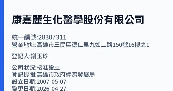 康嘉麗生化醫學股份有限公司的照片-統編 28307311(高雄市) 公司登記資料與營業項目詳細圖表