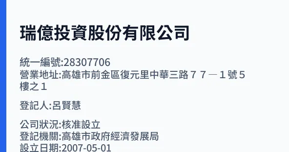 瑞億投資股份有限公司的照片-統編 28307706(高雄市) 公司登記資料與營業項目詳細圖表