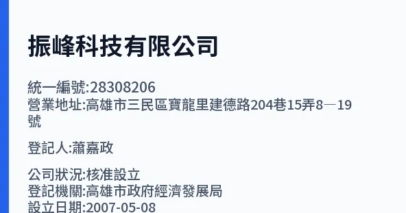 振峰科技有限公司的照片-統編 28308206(高雄市) 公司登記資料與營業項目詳細圖表