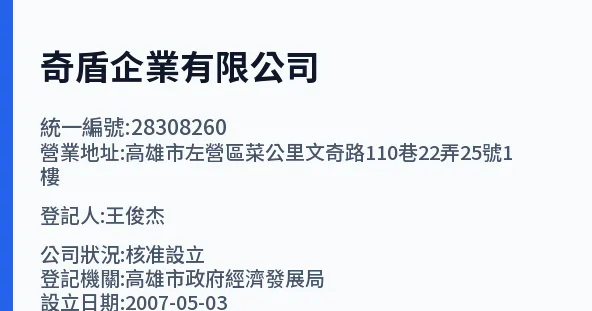 奇盾企業有限公司的照片-統編 28308260(高雄市) 公司登記資料與營業項目詳細圖表