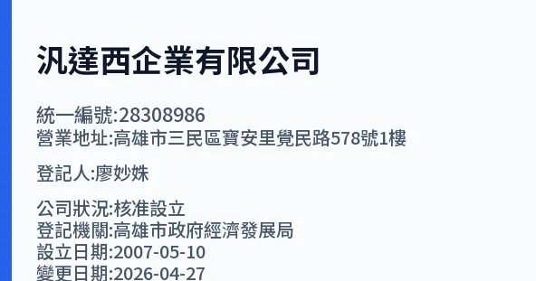 汎達西企業有限公司的照片-統編 28308986(高雄市) 公司登記資料與營業項目詳細圖表