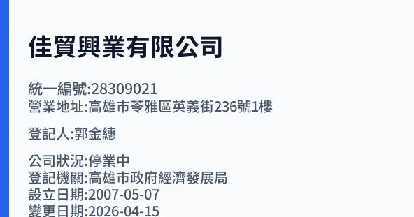 佳貿興業有限公司的照片-統編 28309021(高雄市) 公司登記資料與營業項目詳細圖表