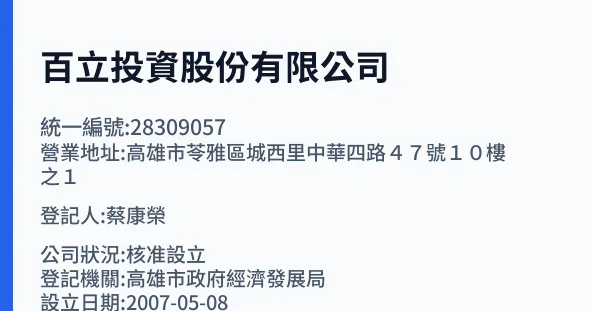 百立投資股份有限公司的照片-統編 28309057(高雄市) 公司登記資料與營業項目詳細圖表