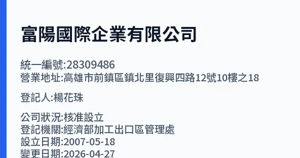 富陽國際企業有限公司的照片-統編 28309486(高雄市) 公司登記資料與營業項目詳細圖表