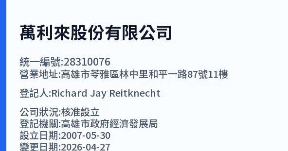 萬利來股份有限公司的照片-統編 28310076(高雄市) 公司登記資料與營業項目詳細圖表