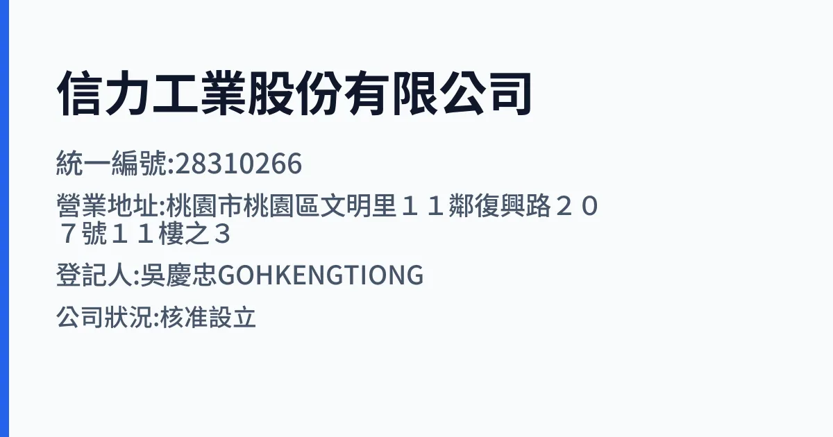 信力工業股份有限公司 - 統編 28310266(桃園市) 公司登記資料與營業項目詳細圖表