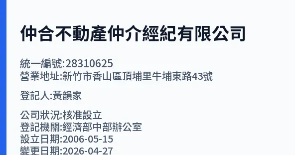 仲合不動產仲介經紀有限公司的照片-統編 28310625(新竹市) 公司登記資料與營業項目詳細圖表