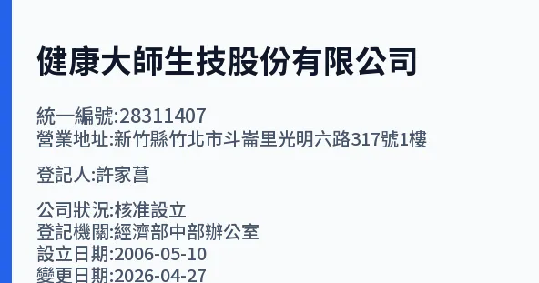 健康大師生技股份有限公司的照片-統編 28311407(新竹縣) 公司登記資料與營業項目詳細圖表