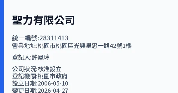 聖力有限公司的照片-統編 28311413(桃園市) 公司登記資料與營業項目詳細圖表