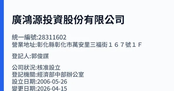 廣鴻源投資股份有限公司的照片-統編 28311602(彰化縣) 公司登記資料與營業項目詳細圖表
