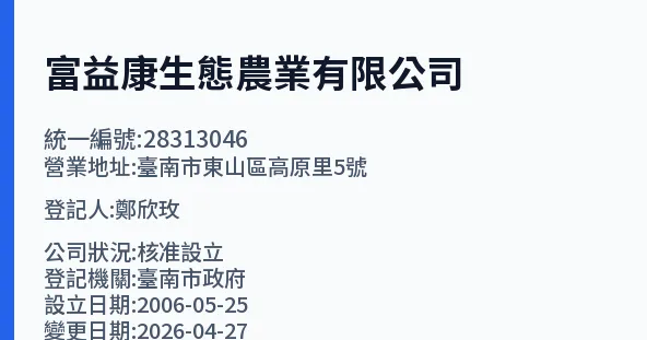 富益康生態農業有限公司的照片-統編 28313046(臺南市) 公司登記資料與營業項目詳細圖表