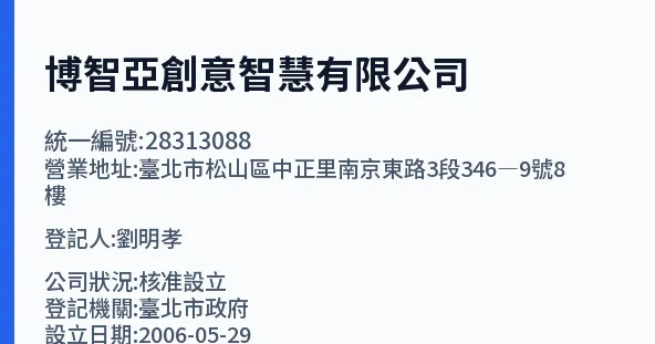 博智亞創意智慧有限公司的照片-統編 28313088(臺北市) 公司登記資料與營業項目詳細圖表