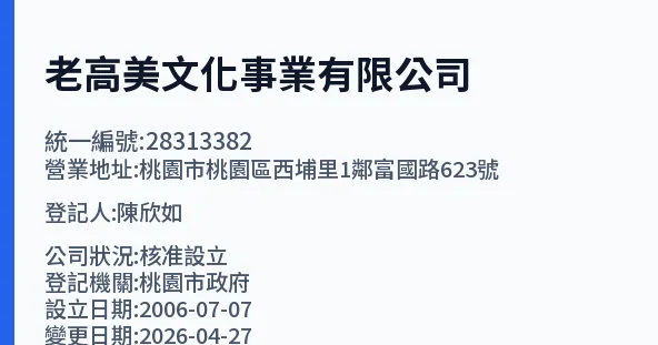 老高美文化事業有限公司的照片-統編 28313382(桃園市) 公司登記資料與營業項目詳細圖表
