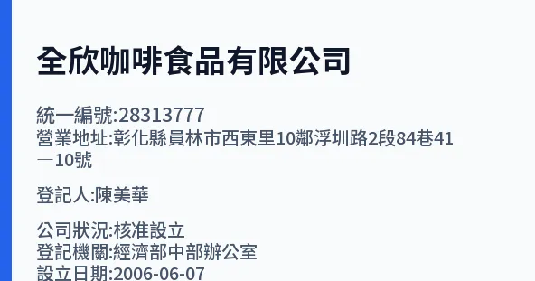 全欣咖啡食品有限公司的照片-統編 28313777(彰化縣) 公司登記資料與營業項目詳細圖表