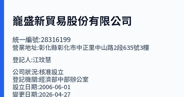 巃盛新貿易股份有限公司的照片-統編 28316199(彰化縣) 公司登記資料與營業項目詳細圖表