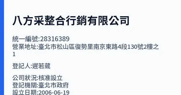 八方采整合行銷有限公司的照片-統編 28316389(臺北市) 公司登記資料與營業項目詳細圖表