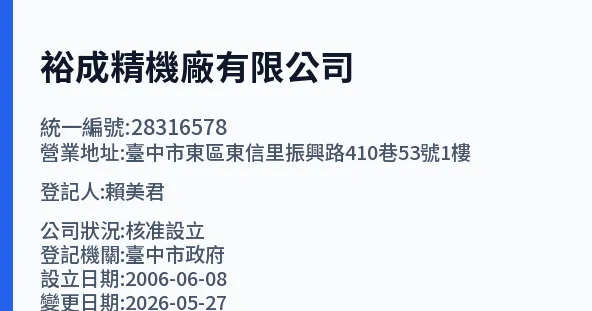 裕成精機廠有限公司的照片-統編 28316578(臺中市) 公司登記資料與營業項目詳細圖表