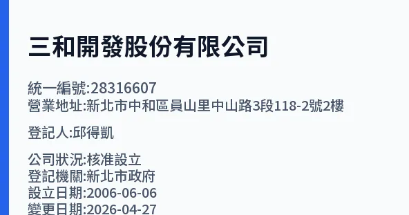 三和開發股份有限公司的照片-統編 28316607(新北市) 公司登記資料與營業項目詳細圖表