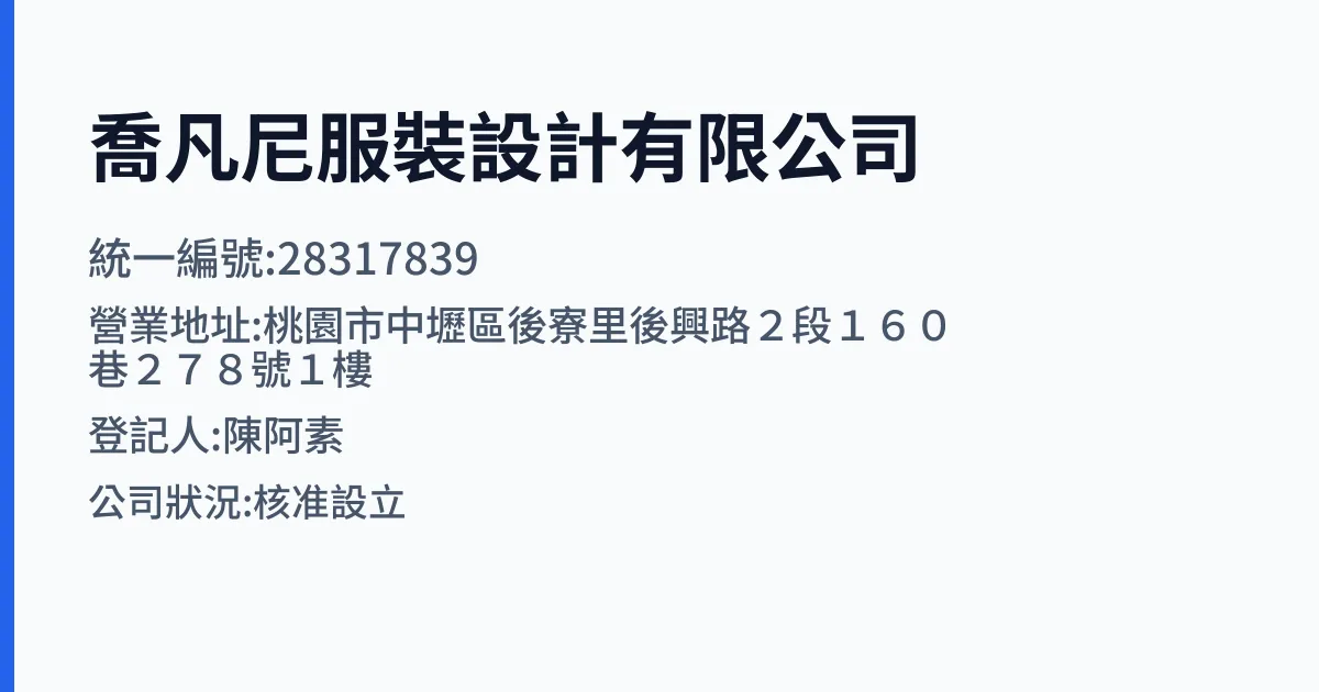 喬凡尼服裝設計有限公司 - 統編 28317839(桃園市) 公司登記資料與營業項目詳細圖表