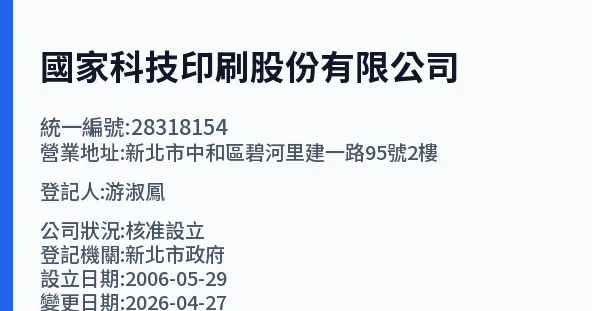 國家科技印刷股份有限公司的照片-統編 28318154(新北市) 公司登記資料與營業項目詳細圖表