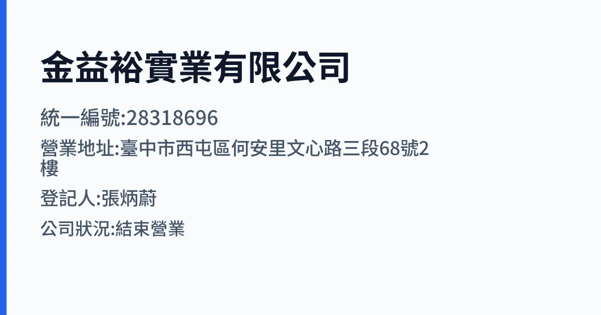 金益裕實業有限公司 - 統編 28318696(臺中市) 公司登記資料與營業項目詳細圖表
