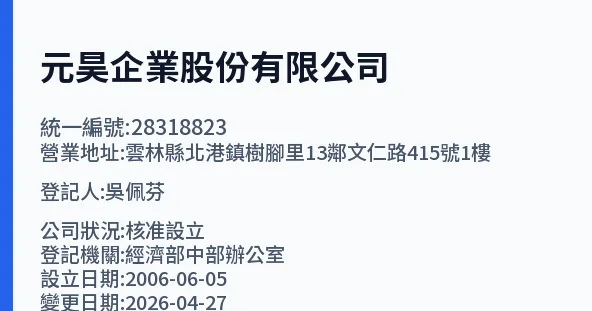 元昊企業股份有限公司的照片-統編 28318823(雲林縣) 公司登記資料與營業項目詳細圖表