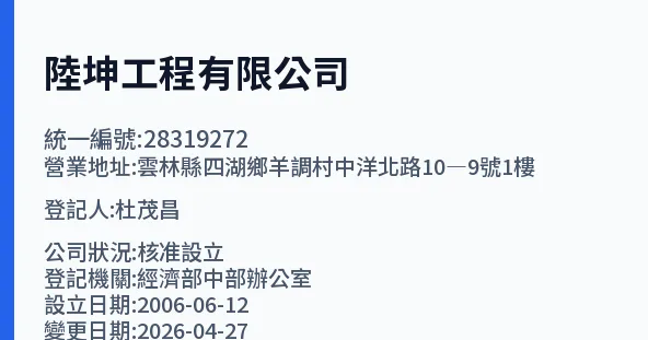 陸坤工程有限公司的照片-統編 28319272(雲林縣) 公司登記資料與營業項目詳細圖表
